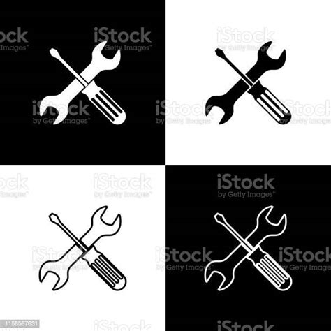 검은 색과 흰색 배경에 격리 교차 드라이버및 렌치 도구 아이콘을 설정합니다 서비스 도구 기호입니다 벡터 일러스트레이션 건설