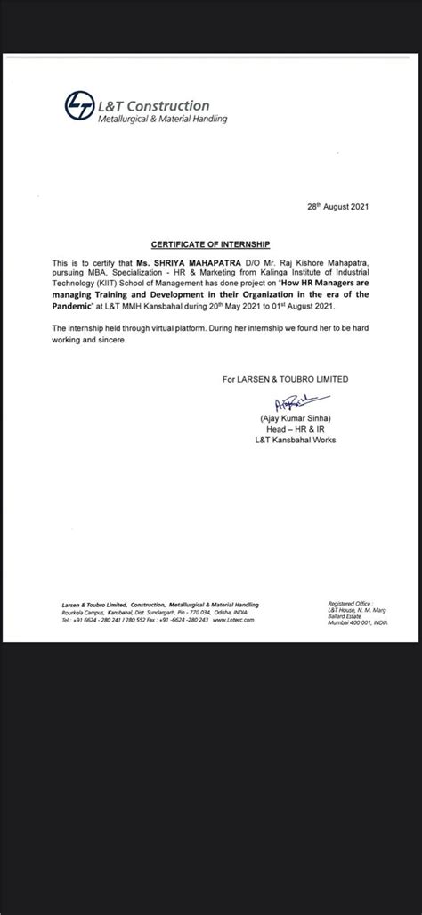Shriya Mahapatra On Linkedin Successfully Completed My Internship With Larsen And Toubro In Human