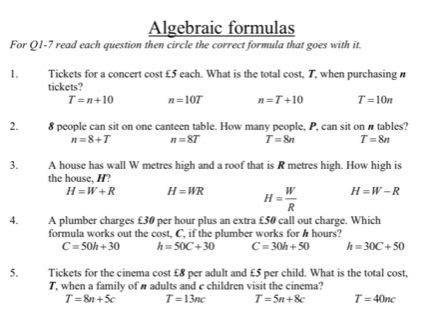 Algebraic Formulas Teaching Resources