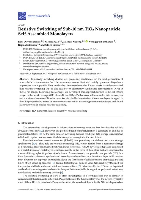 Pdf Resistive Switching Of Sub 10 Nm Tio2 Nanoparticle Self Assembled Monolayers