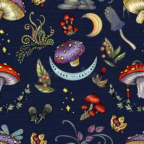 Seamless Pattern With Mystic Mushrooms Magic And Floral Doodle