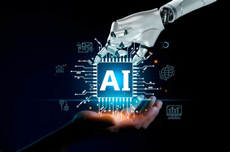 Ai 기계 학습 로봇 손 및 인간 터치 Ai 가상 아이콘은 인공 지능 두뇌와 인간의 교환을 나타냅니다 인간 생각의 교환 네트워크 기술이 연결됩니다 0명에 대한 스톡 사진 및