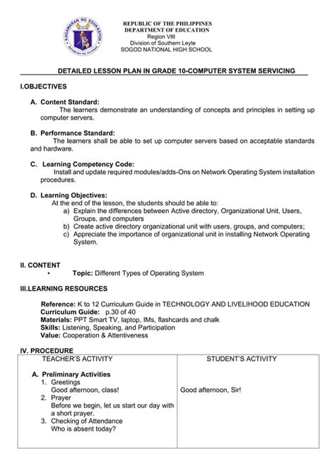 Lesson Plan In Grade 10 Computer System Servicing Pdf