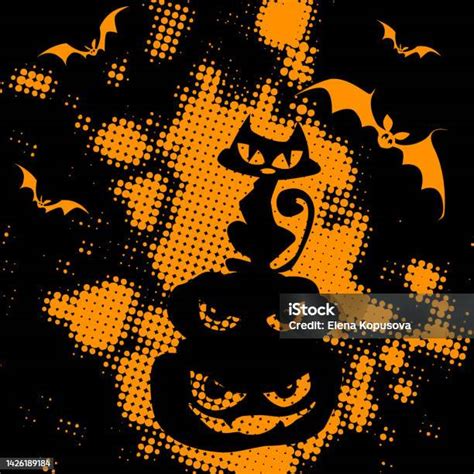 할로윈 데이 축하 컨셉 할로윈 홍보 포스터 또는 화려한 추상적 인 배경에 호박 고양이 및 박쥐가있는 평평한 스타일의 배너 할로윈에 대한 스톡 벡터 아트 및 기타 이미지