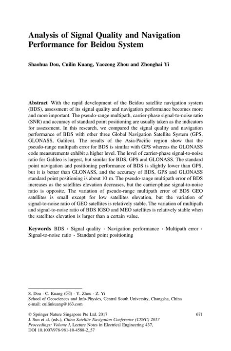 Pdf Analysis Of Signal Quality And Navigation Performance For Beidou System