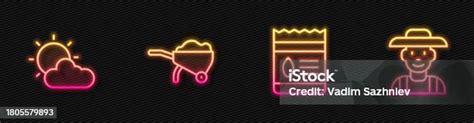 식물의 씨앗으로 가득 찬 세트 라인 팩 태양과 구름 날씨 흙이 있는 수레 모자를 쓴 농부 빛나는 네온 아이콘입니다 벡터 건설 산업에 대한 스톡 벡터 아트 및 기타 이미지