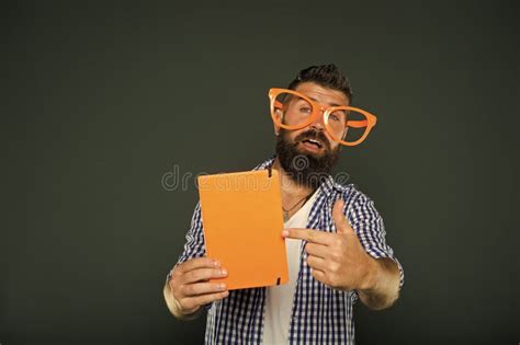 Look At This Book Bearded Man In Party Glasses Pointing At Lesson Book Study Nerd Holding Book