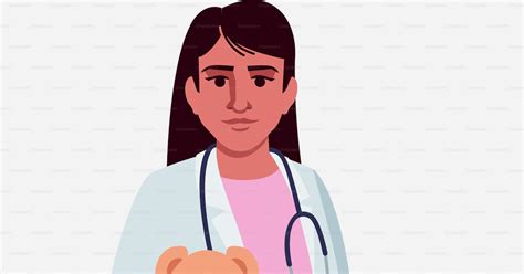 소아과 의사 세미 플랫 Rgb 컬러 벡터 그림입니다 여의사 소아과 의사 의료진 아기 의사로 일하는 젊은 라틴계 여성은