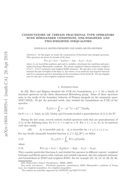 Pdf Commutators Of Certain Fractional Type Operators With Hormander Conditions One Weighted