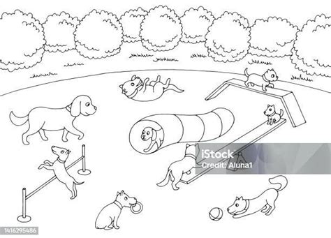놀이터에서 개 놀이 그래픽 흑백 스케치 풍경 일러스트 레이 션 벡터 색칠하기에 대한 스톡 벡터 아트 및 기타 이미지 색칠하기 개 경관 Istock