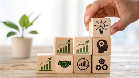 Hand Stacking Wooden Blocks With Business Growth Icons And Light Bulb Symbolizing Innovation