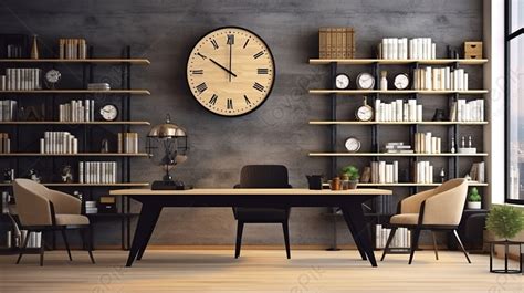 현대적인 사무실 디자인 매끄러운 바닥 배경에 책상 시계 책장의 3d 렌더링 현대 책상 배경 현대적 배경 사무용 책상 배경 이미지 Hd 현대 책상 현대적