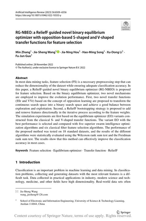Rg Nbeo A Relieff Guided Novel Binary Equilibrium Optimizer With Opposition Based S Shaped And