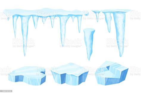 흰색 배경에 고립 된 만화 스타일로 얼음 꽃 얼어 붙은 물 조각 빙산과 고드름을 설정합니다 수집 극지 풍경 요소 Ui 게임 자산 겨울 장식 벡터 일러스트레이션 고드름에 대한