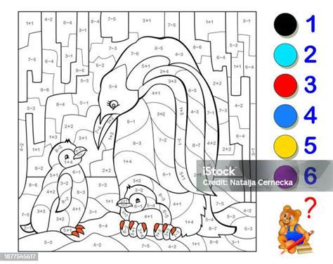 아이들을 위한 수학 교육 색칠 공부 덧셈과 뺄셈에 대한 수학 연습 예제를 풀고 펭귄을 칠하세요 계산 기술 개발 어린이 교과서를