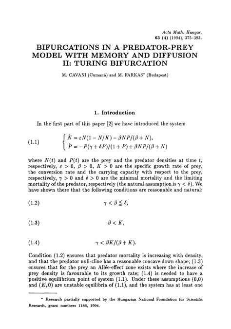 Pdf Bifurcations In A Predator Prey Model With Memory And Diffusion