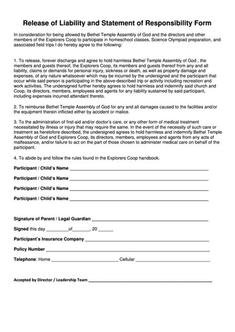 Release Of Liability And Statement Of Responsibility Form Printable Pdf