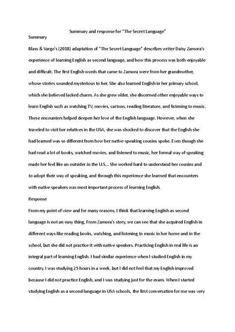 Summary And Response For Esl Learning Experiences In The Secret