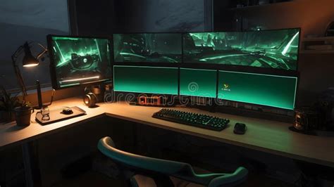 Gaming Setup With Multiple Monitors And Rgb Keyboard In Dark Room Stock Illustration