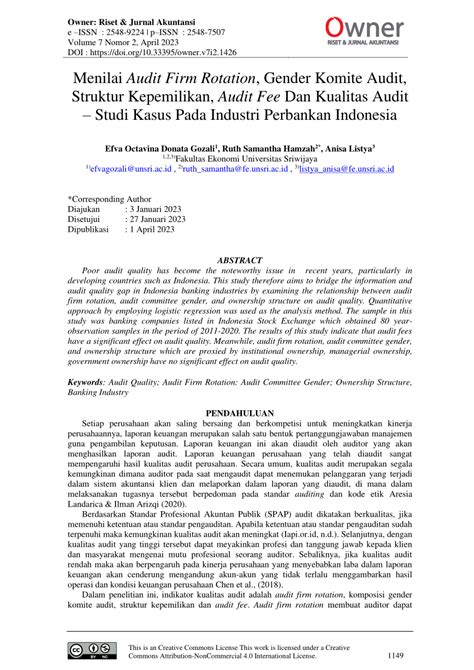 PDF Menilai Audit Firm Rotation Gender Komite Audit Struktur Kepemilikan Audit Fee Dan