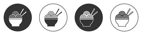 흰색 배경에 고립 된 그릇과 젓가락 아이콘에 검은 아시아 국수 길거리 패스트푸드 한국어 일본어 중국 음식 서클 버튼입니다 벡터 0명에 대한 스톡 벡터 아트 및 기타 이미지