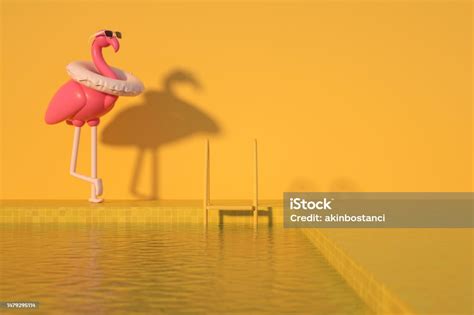 풍선 플라밍고와 수영장 노란색 배경에 여름 휴가 여행 개념 0명에 대한 스톡 사진 및 기타 이미지 0명 3차원 형태 계절