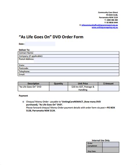 Simple Order Form Template Word