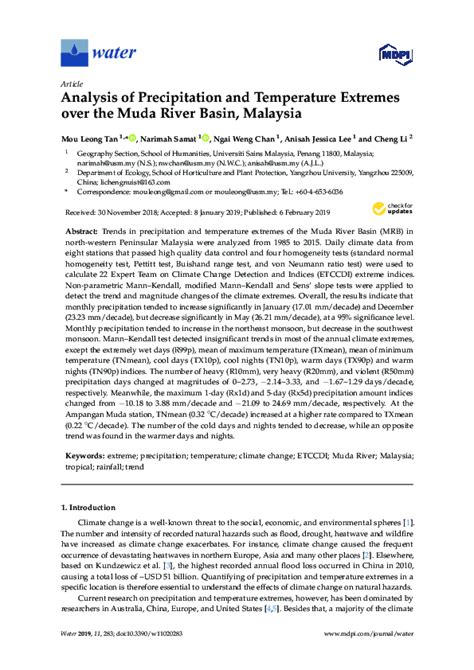 Pdf Analysis Of Precipitation And Temperature Extremes Over The Muda River Basin Malaysia