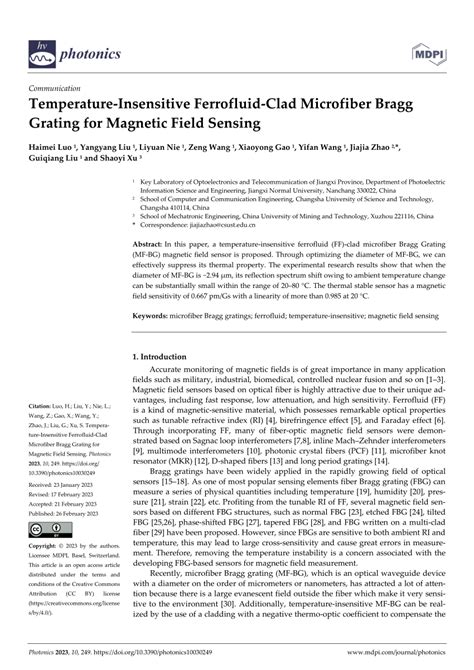 Pdf Temperature Insensitive Ferrofluid Clad Microfiber Bragg Grating For Magnetic Field Sensing