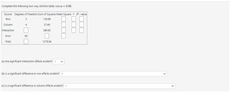 solved complete the following two way anova table use