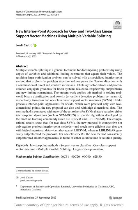 Pdf New Interior Point Approach For One And Two Class Linear Support Vector Machines Using