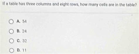 Solved If A Table Has Three Columns And Eight Rows How Many Cells Are