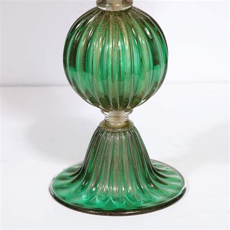 Modernist Handblown Murano Glass Table Lamps In Emerald Green W 24k