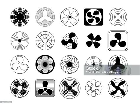 냉각팬 멋진 프로펠러 블레이드 기후 장비 기호 및 전기 바람 팬 컴퓨터 쿨러 벡터 아이콘 세트 가정 생활에 대한 스톡 벡터 아트