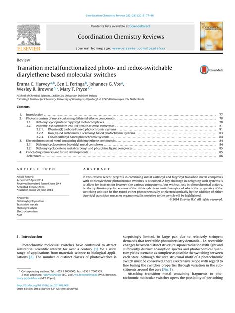 Pdf Transition Metal Functionalized Photo And Redox Switchable Diarylethene Based Molecular