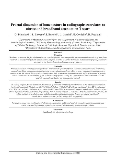 Pdf Fractal Dimension Of Bone Texture In Radiographs Correlates To Ultrasound Broadband