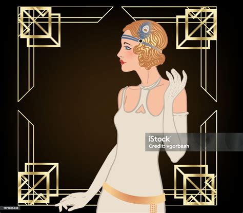 플래퍼 소녀의 그림과 아르 데코 빈티지 초대 템플릿 디자인 패턴과 프레임을 복고풍 파티 배경 세트 벡터 1920 1929 년에 대한 스톡 벡터 아트 및 기타 이미지 Istock