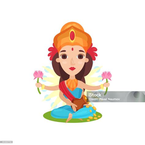 흰색 배경에 부 은혜와 매력 만화 벡터 일러스트 레이 션의 인도 여신 락 쉬 미와 Blessing에 대한 스톡 벡터 아트 및 기타 이미지 Blessing 귀여운