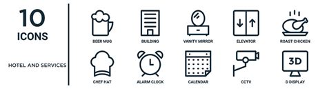 호텔 및 서비스 개요 아이콘 세트에는 얇은 라인 맥주 머그잔 화장대 거울 로스트 치킨 알람 시계 Cctv D 디스플레이 보고서 프레젠테이션 다이어그램 웹 디자인을위한 요리사