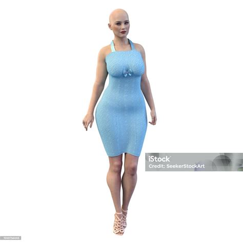 파란색 무릎 길이의 여름 드레스를 입고 끈이 달린 하이힐을 신고 고립된 배경에 있는 여성 3d 렌더링 3d 일러스트레이션 금발 머리에 대한 스톡 사진 및 기타 이미지