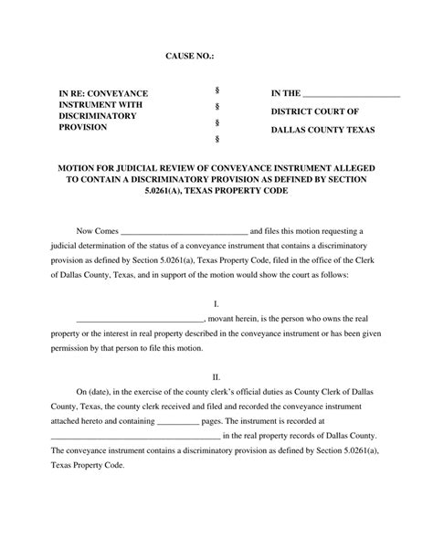 Dallas County Texas Motion For Judicial Review Of Conveyance