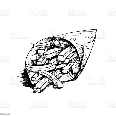 공예 종이 콘에 감자 튀김 스케치 스타일 손으로 그린 그림 감자 튀김 패스트 푸드 복고풍 작품 벡터 이미지 흰색으로