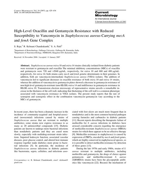 Pdf High Level Oxacillin And Gentamycin Resistance With Reduced Susceptibility To Vancomycin