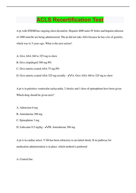 Acls Recertification Test Questions With 100 Correct Answers Latest