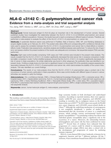 pdf hla g 3142 c g polymorphism and cancer risk evidence from a