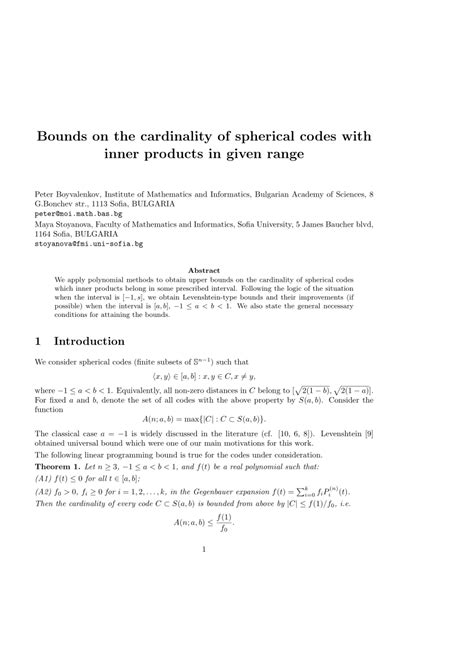 Pdf Bounds On The Cardinality Of Spherical Codes With Inner Products In Given Range