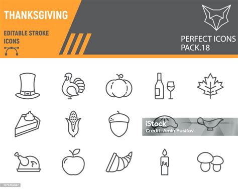 추수 감사절 라인 아이콘 세트 휴일 컬렉션 벡터 스케치 로고 일러스트 레이션 추수 감사절 아이콘 축하 표지판 선형 그림 편집 가능한 스트로크 추수감사절에 대한 스톡 벡터