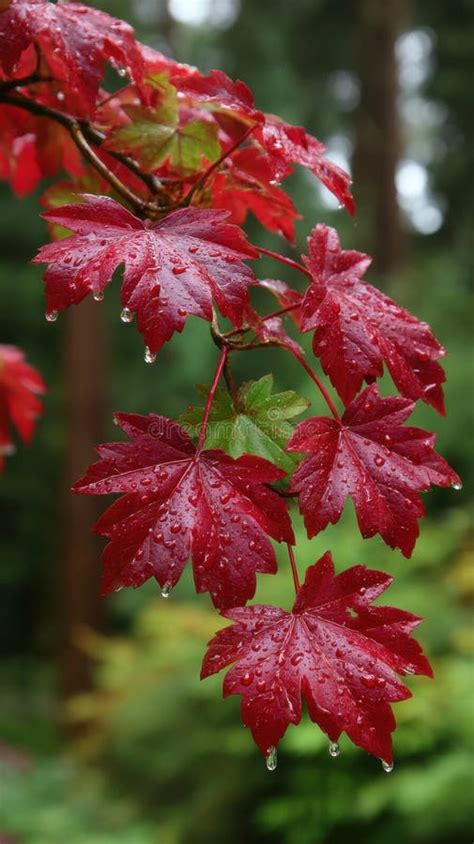 Red Maple Leaves With Water Droplets In Natural Light Moody Forest
