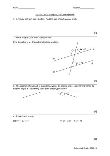 Igcse Polygons And Angle Properties Test 2019 20 Teaching Resources