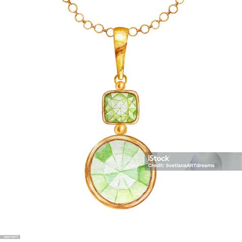 아름 다운 쥬얼리 펜 던 트입니다 녹색 크리스탈과 민트 그린 광장과 골드 요소와 둥근 보석 흰색 배경에 황금 사슬에 크리스탈 수채화 그리기 펜던트 0명에 대한 스톡 벡터